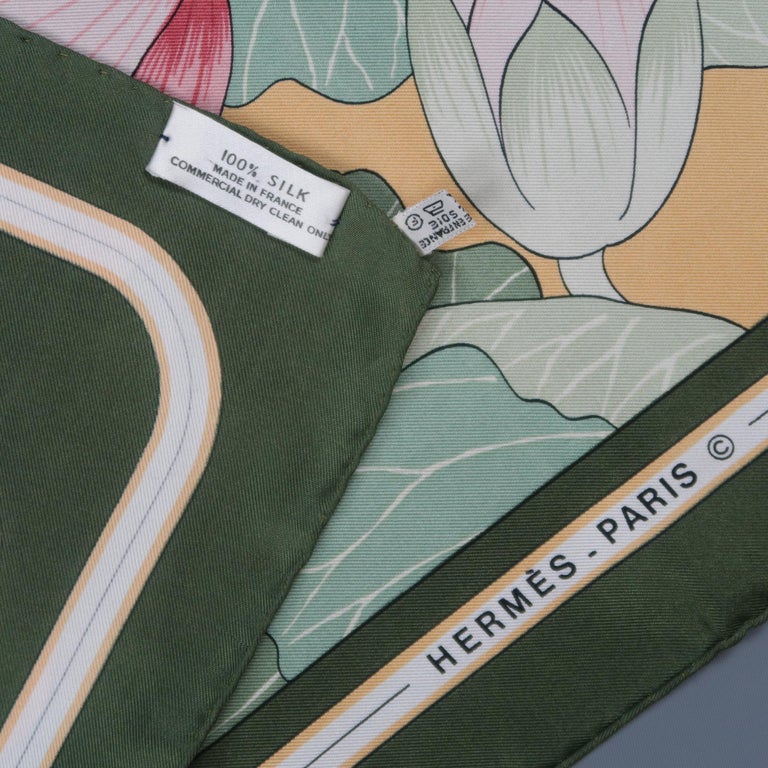 Vintage HERMES Green and Pink Fleurs de Lotus Print Silk Scarf at 1stDibs