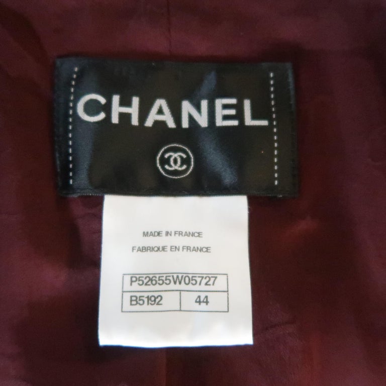 CHANEL Size 12 Burgundy and Navy Tweed Black Collar Fall 2015 Jacket at ...
