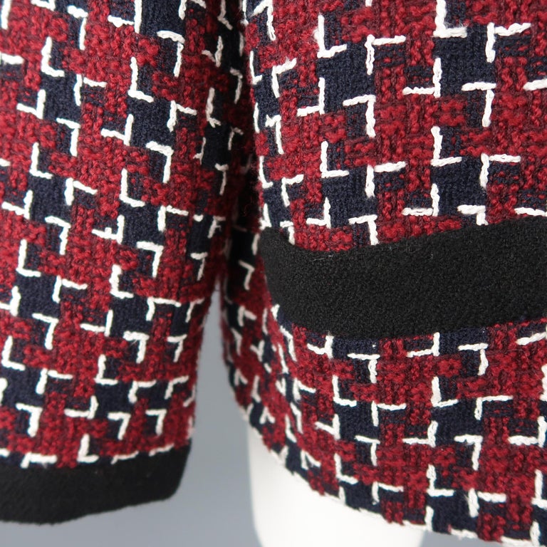 CHANEL Size 12 Burgundy and Navy Tweed Black Collar Fall 2015 Jacket at ...