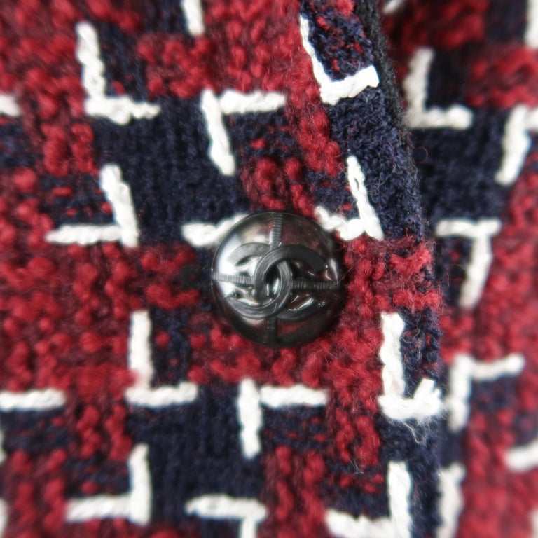 CHANEL Size 12 Burgundy and Navy Tweed Black Collar Fall 2015 Jacket at ...