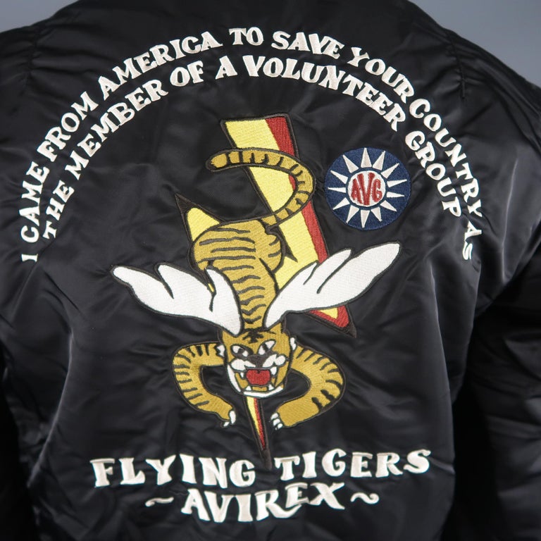 AVIREX Size XL Black Nylon Flying Tigers Patches Bomber Flight Jacket ...