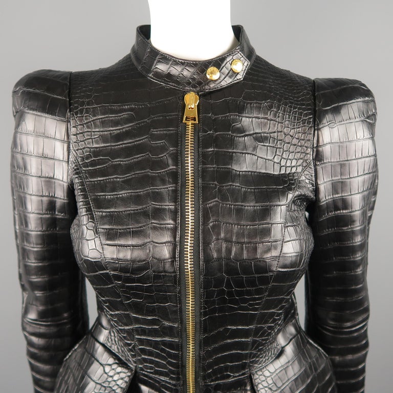 TOM FORD Size 4 Black Alligator Croc Embossed "SCUBA" Peplum Leather ...