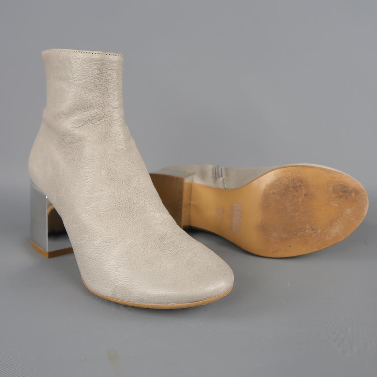 MAISON MARTIN MARGIELA Size 8.5 Grey Leather Mirrored Chunky Heel Ankle Boots at 1stDibs