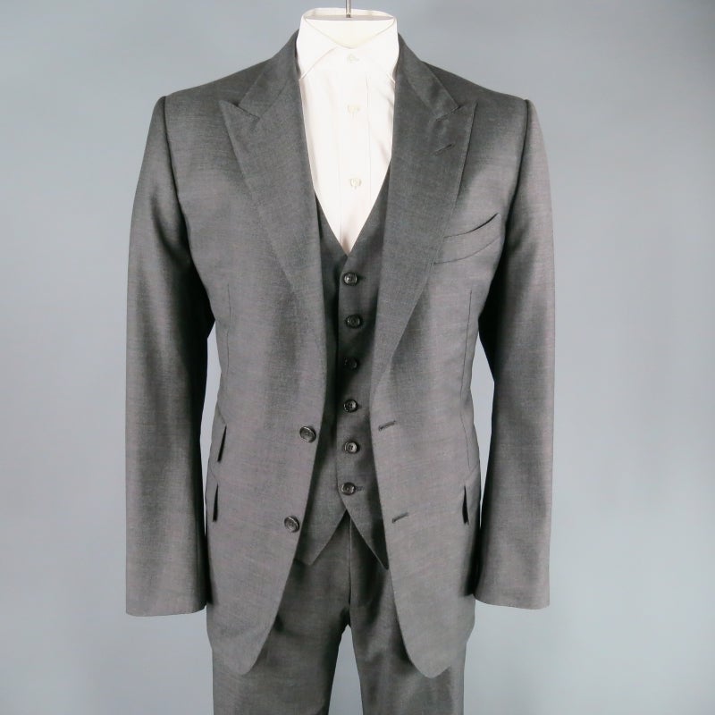 TOM FORD Men's 46 Long Dark Gray Wool Peak Lapel 33 34 3 Piece Suit at ...
