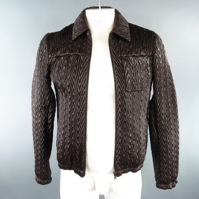 PRADA 38 Brown Chevron Texture Embroidered Leather Collared Zip Jacket ...