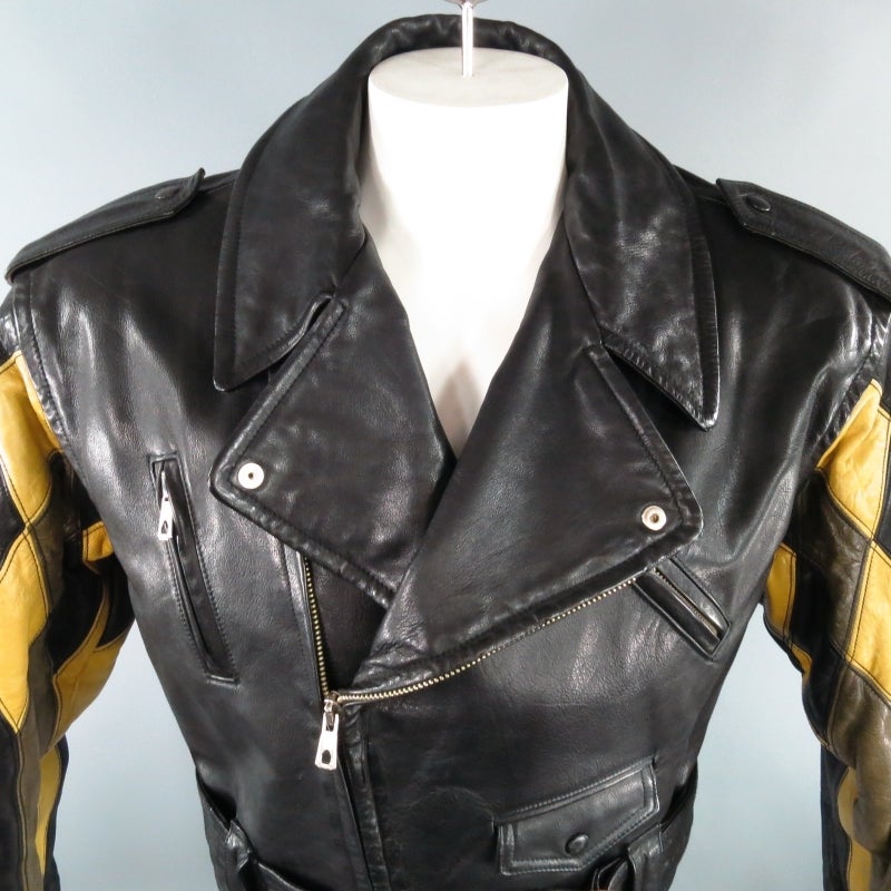 JEAN PAUL GAULTIER 42 Black Leather Quilted Harlequin Sleeve Motorcycle ...