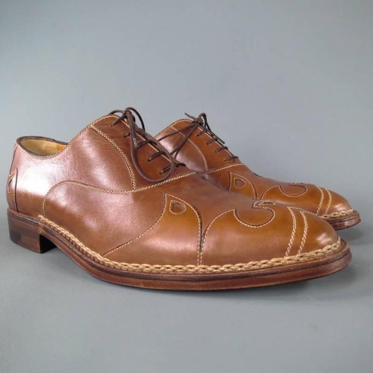 A.TESTONI Size 8.5 Brown Leather Top Stitch Applique Lace Up at 1stDibs