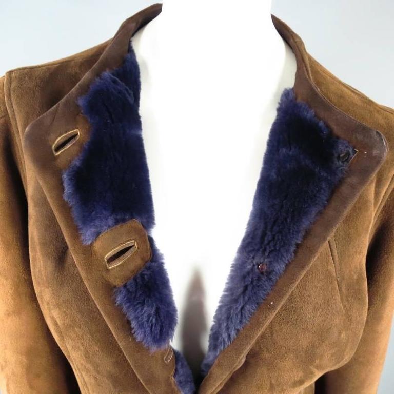 Vintage HERMES Size 6 Brown Suede Purple Shearling Button Up Patch Coat ...