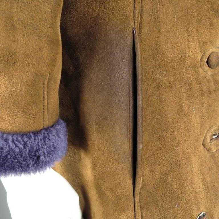 Vintage HERMES Size 6 Brown Suede Purple Shearling Button Up Patch Coat ...
