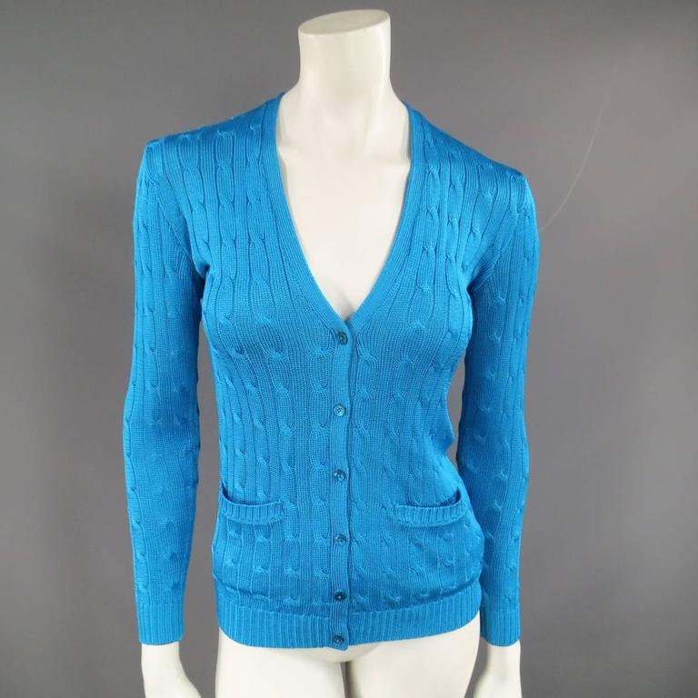 RALPH LAUREN BLACK LABEL Turquoise Blue Silk Cable Knit Tank Cardigan ...