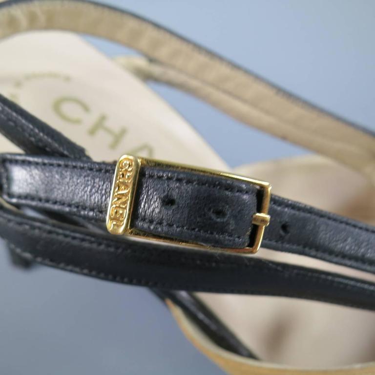 CHANEL Size 7.5 Black and Beige Leather Pointed Cap Toe Ankle Harness ...