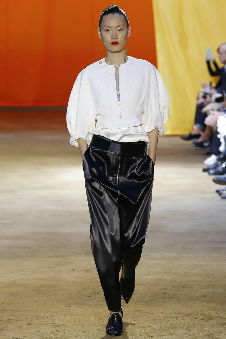 CELINE Size 2 Black Satin Contrast Stitch Zip Fly Velcro Dress Pants at ...