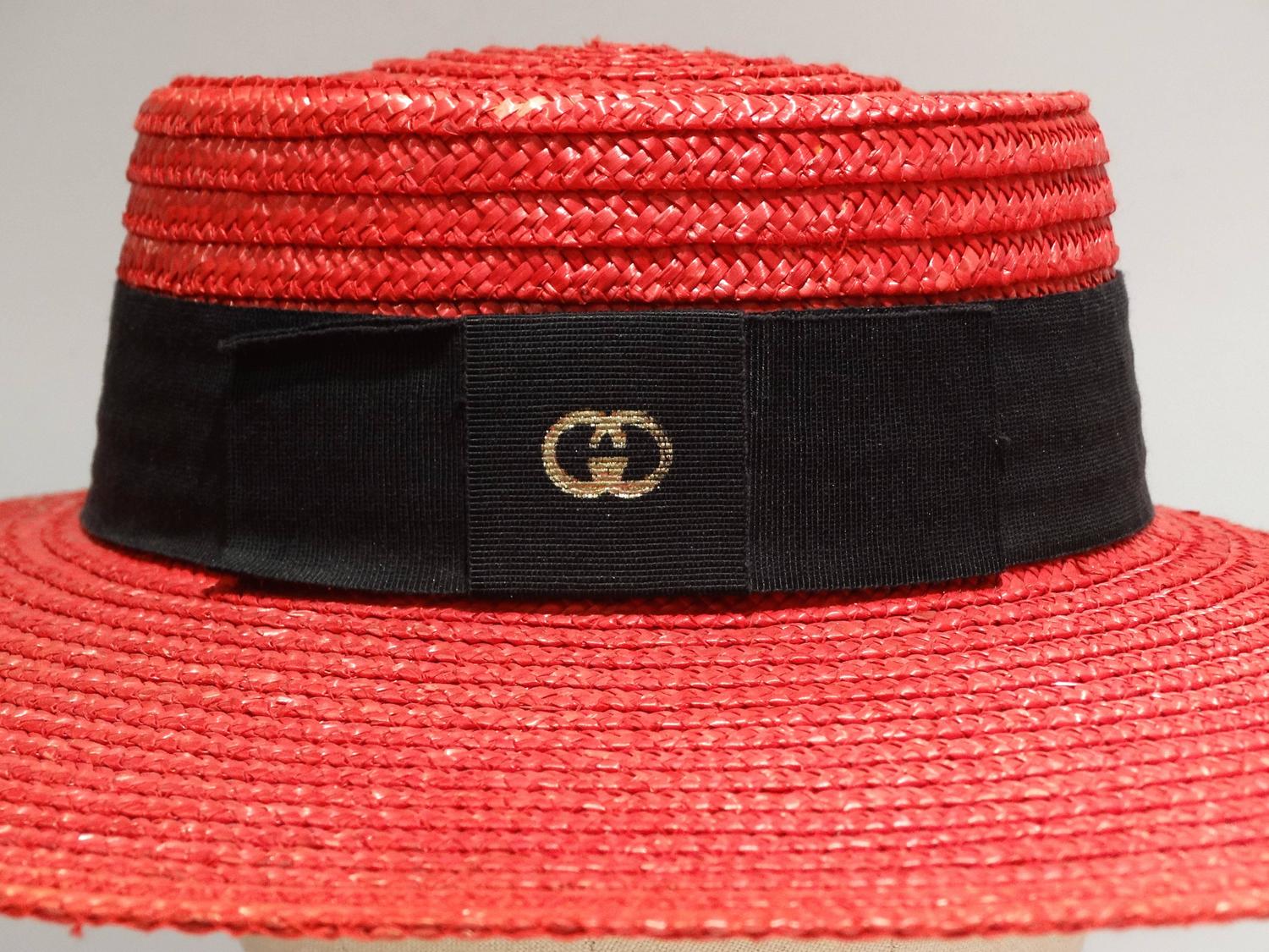1980s Limited Edition Red "Gucci" Straw Hat For Sale at 1stdibs