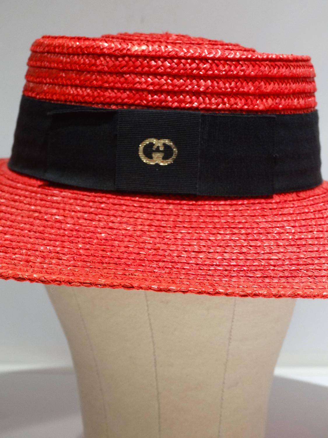 1980s Limited Edition Red "Gucci" Straw Hat For Sale at 1stdibs