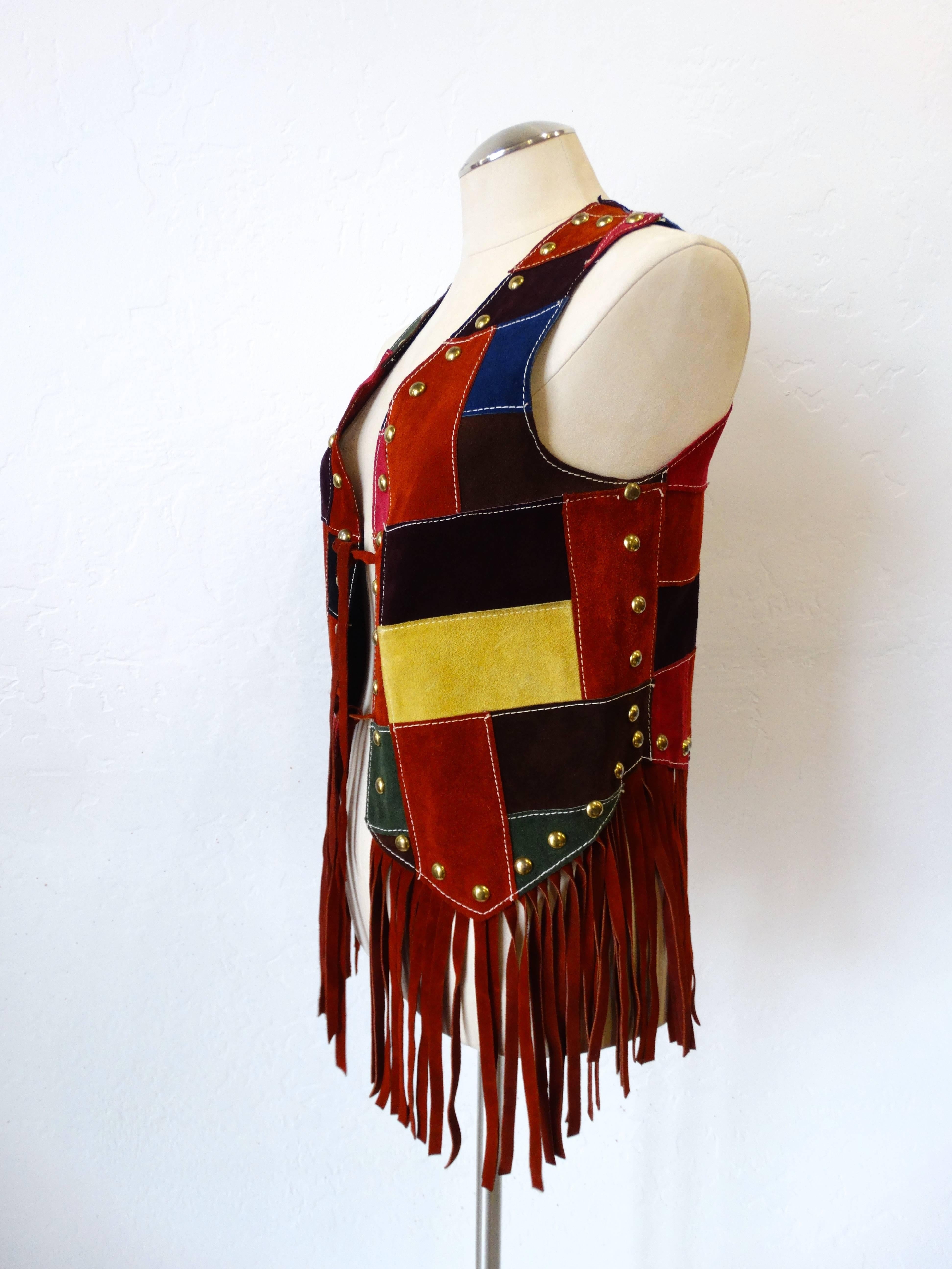 1970s Suede Patchwork Fringe Vest For Sale at 1stDibs | red fringe vest ...