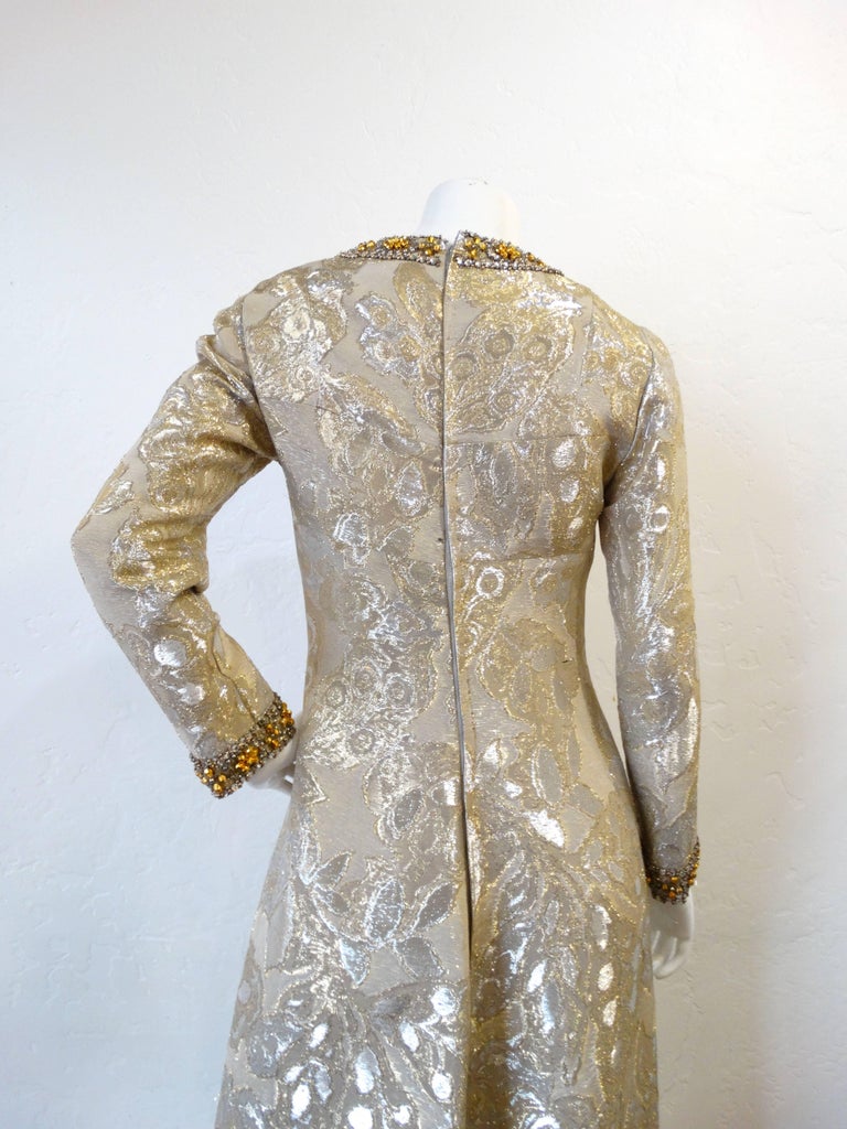 1960s Metallic Floral Brocade Beaded Dress at 1stDibs
