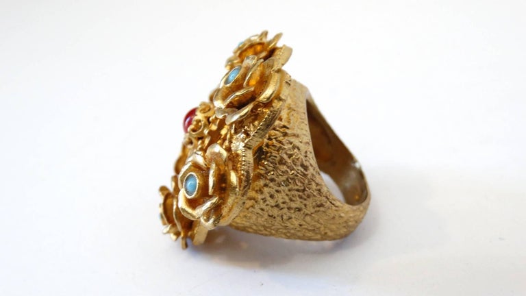 Turkish Vermeil Coral and Turquoise Cocktail Ring at 1stDibs