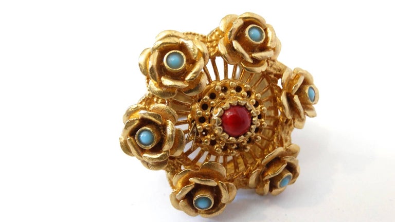 Turkish Vermeil Coral and Turquoise Cocktail Ring at 1stDibs