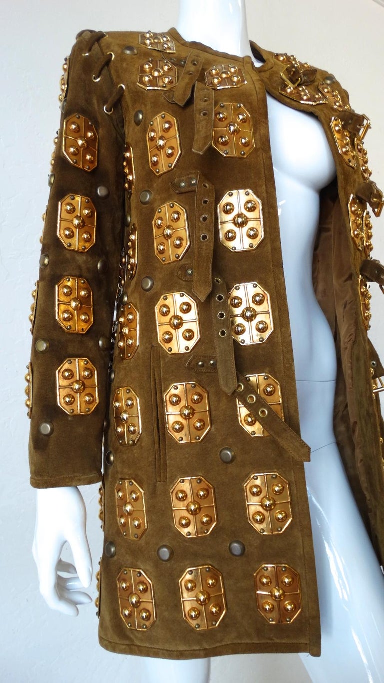 Brown Suede Metal Embellished Buckle Coat, 1970s at 1stDibs