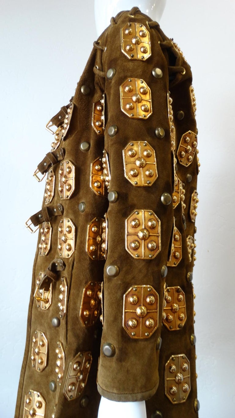 Brown Suede Metal Embellished Buckle Coat, 1970s at 1stDibs