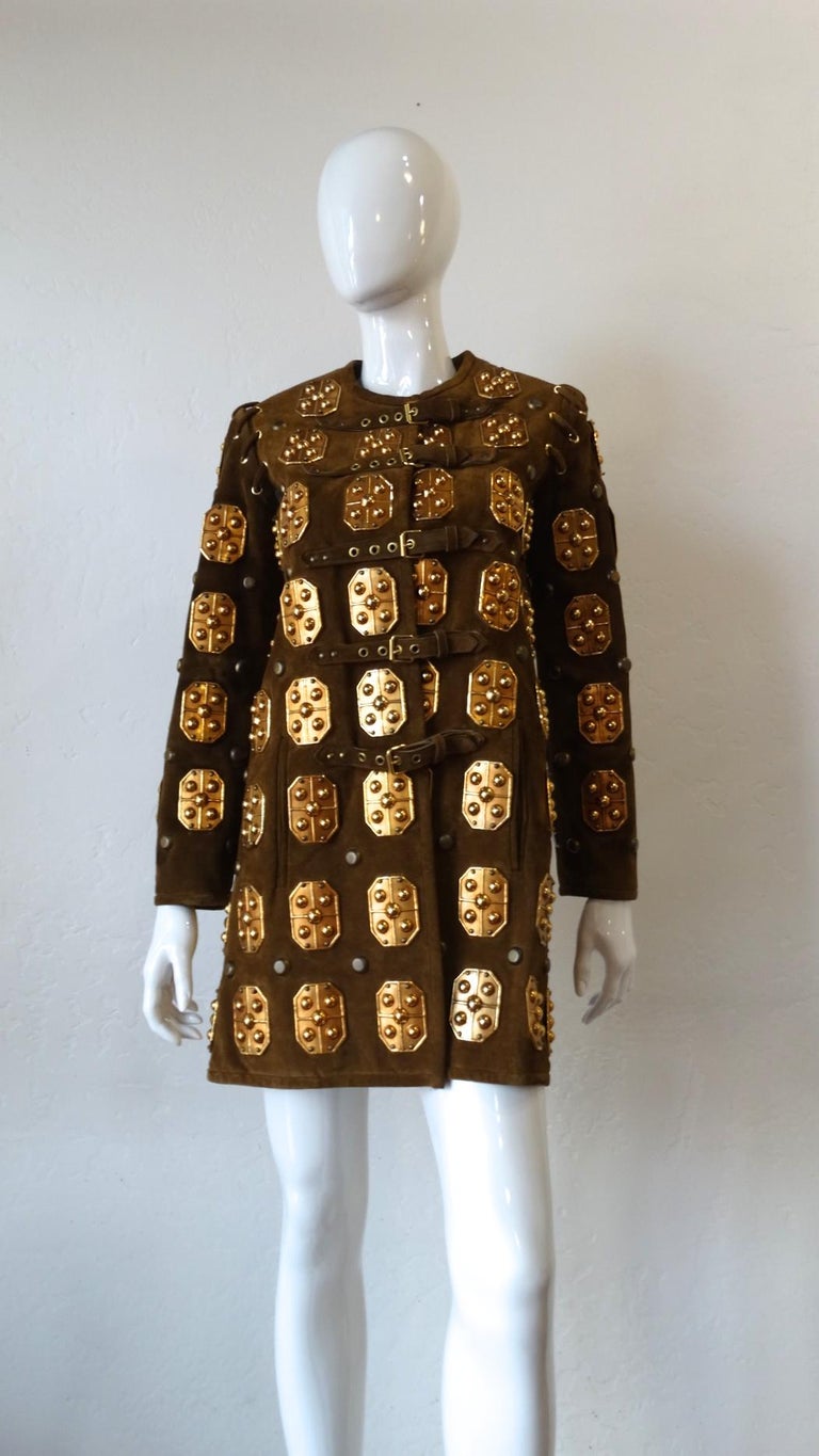 Brown Suede Metal Embellished Buckle Coat, 1970s at 1stDibs