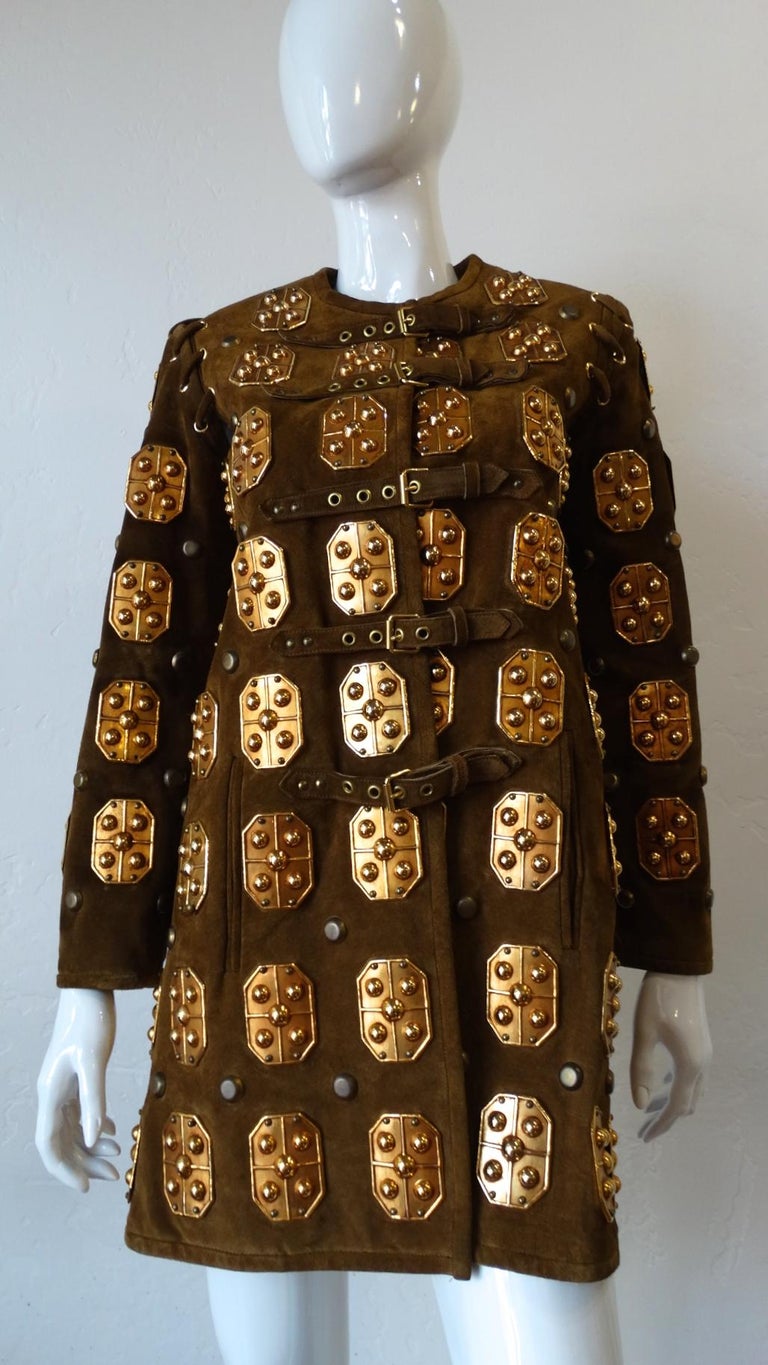 Brown Suede Metal Embellished Buckle Coat, 1970s at 1stDibs