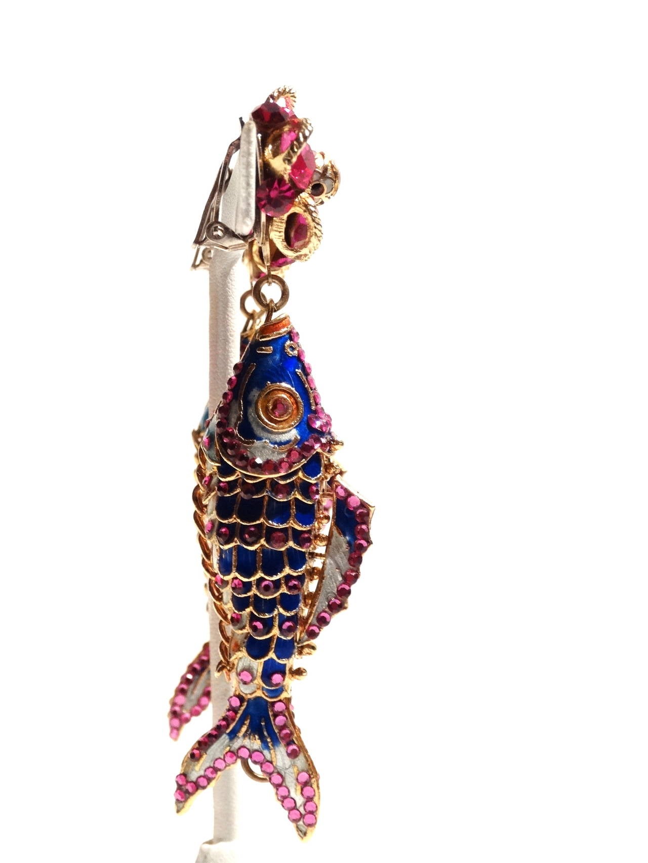 1970s Asian Karp Cloisonné Gold Filigree Rhinestone Earrings at 1stDibs