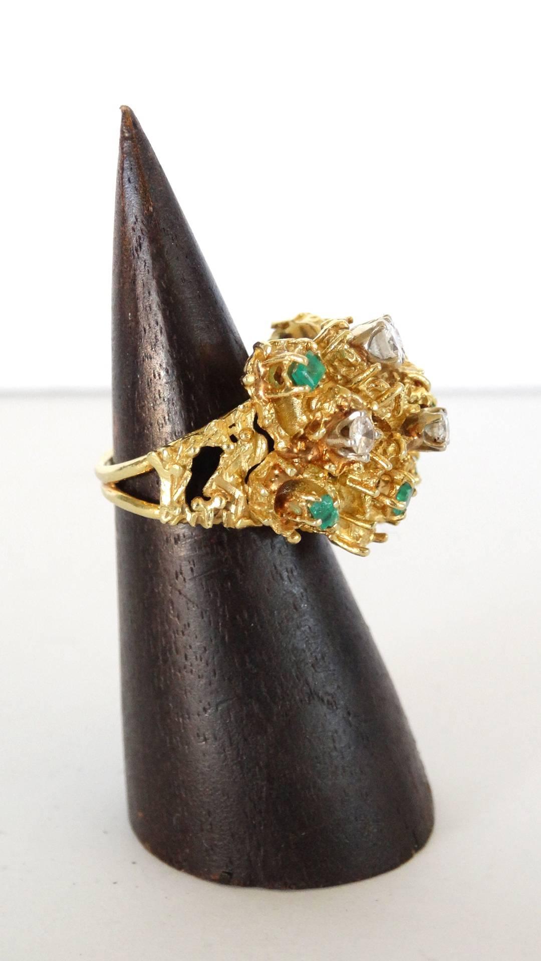 18K Gold Nugget Cocktail Ring with Diamonds and Emeralds at 1stDibs ...