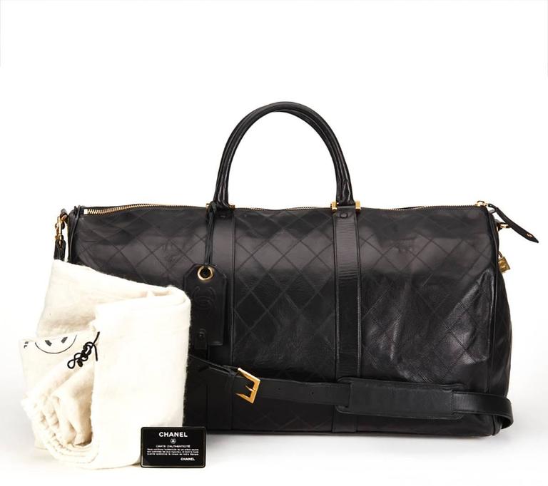 1990s Chanel Black Quilted Lambskin Vintage Boston Travel Bag at 1stDibs