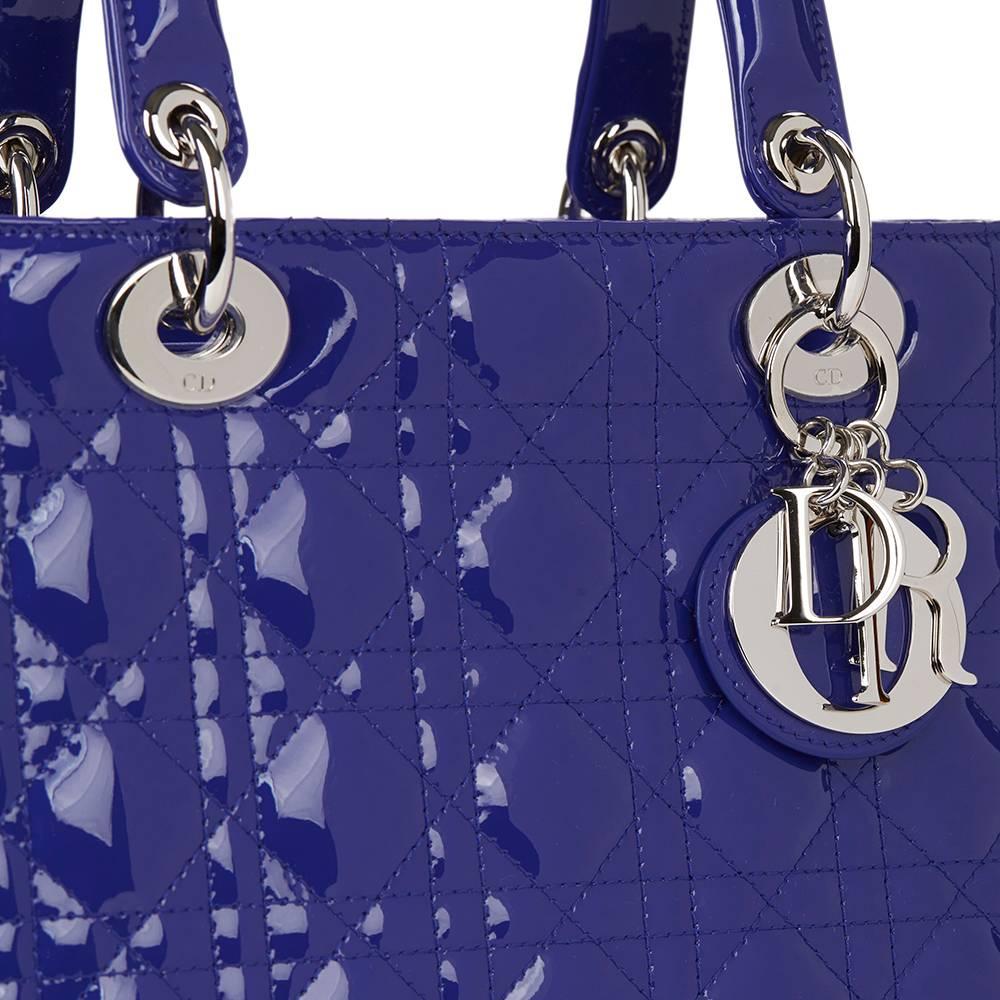 2015 Dior Blue Quilted Patent Leather Medium Lady Dior at 1stDibs