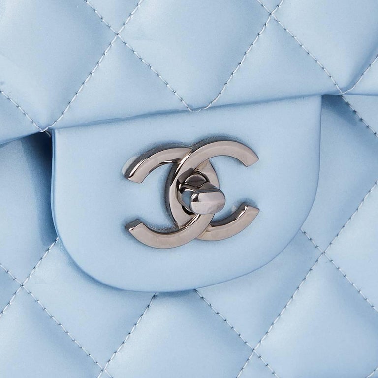 Chanel Sky Blue Quilted Iridescent Patent Leather Jumbo Classic Double ...