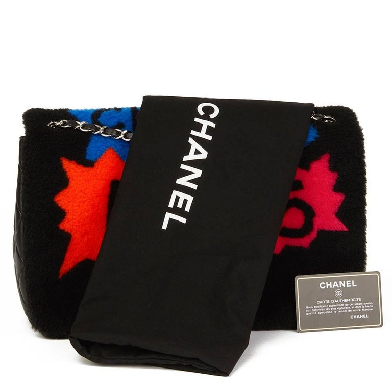 2014 Chanel Black Shearling and Lambskin Jumbo Patchwork Shearling Flap ...