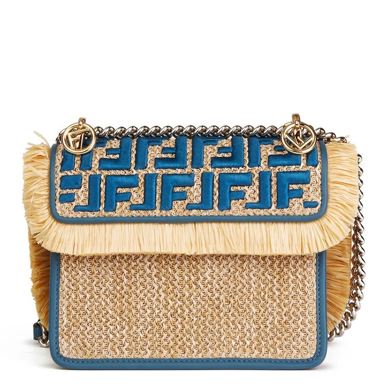 Fendi Blue Calfskin Leather and Embroidered Raffia Small Kan I F at 1stDibs