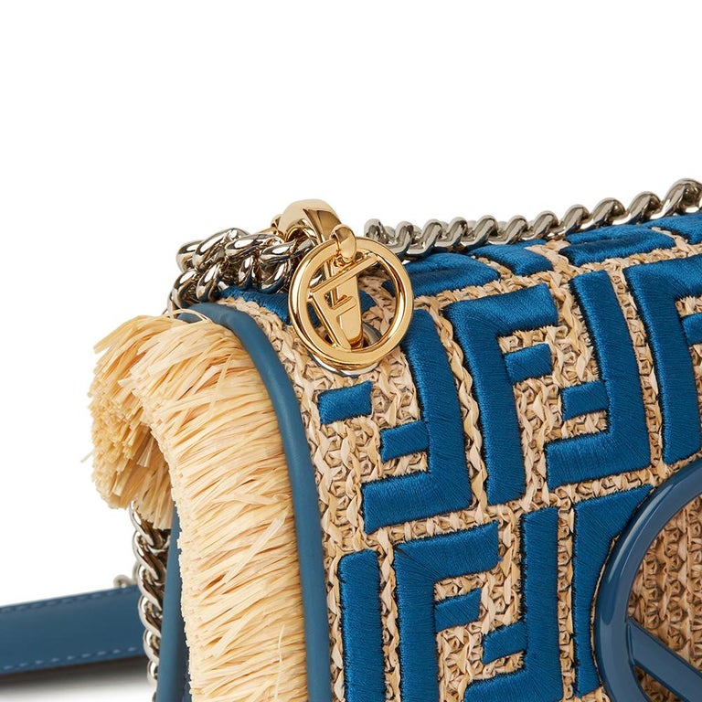 Fendi Blue Calfskin Leather and Embroidered Raffia Small Kan I F Bag at ...