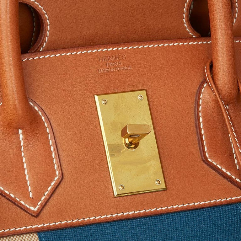 2015 Hermès Barenia Leather and Beige Canvas Blue Flag Birkin 50cm HAC ...