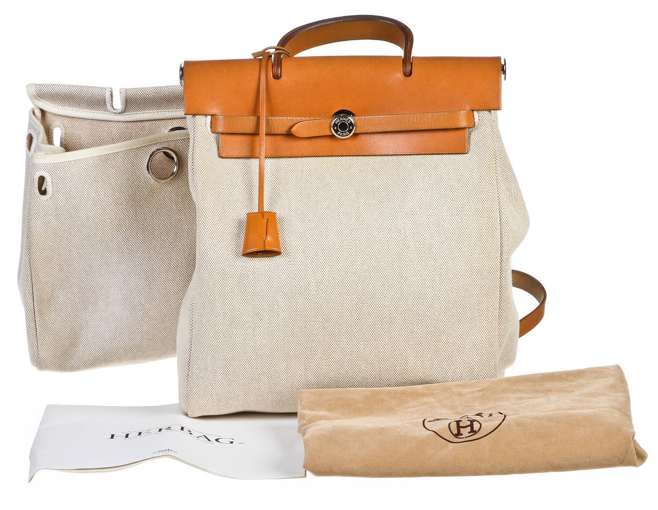 Hermes Camel Toile and Leather Herbag Backpack For Sale at 1stDibs