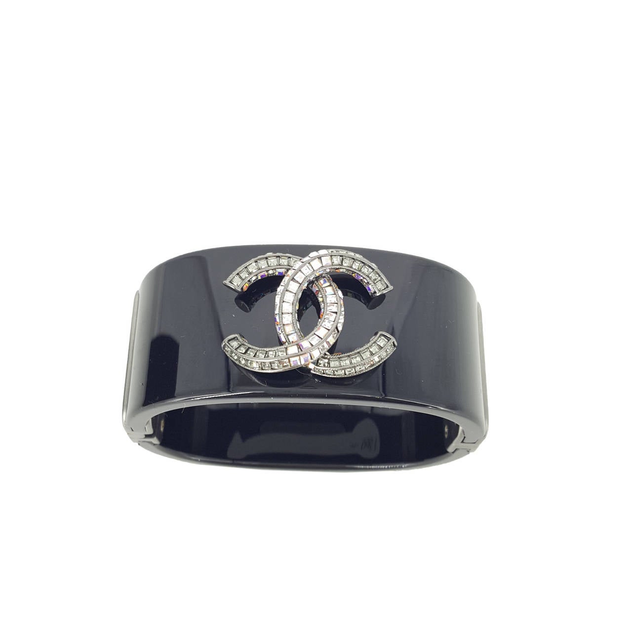 CHANEL Black Hinged Cuff Bracelet With Beautiful Rhinestone Double C's ...