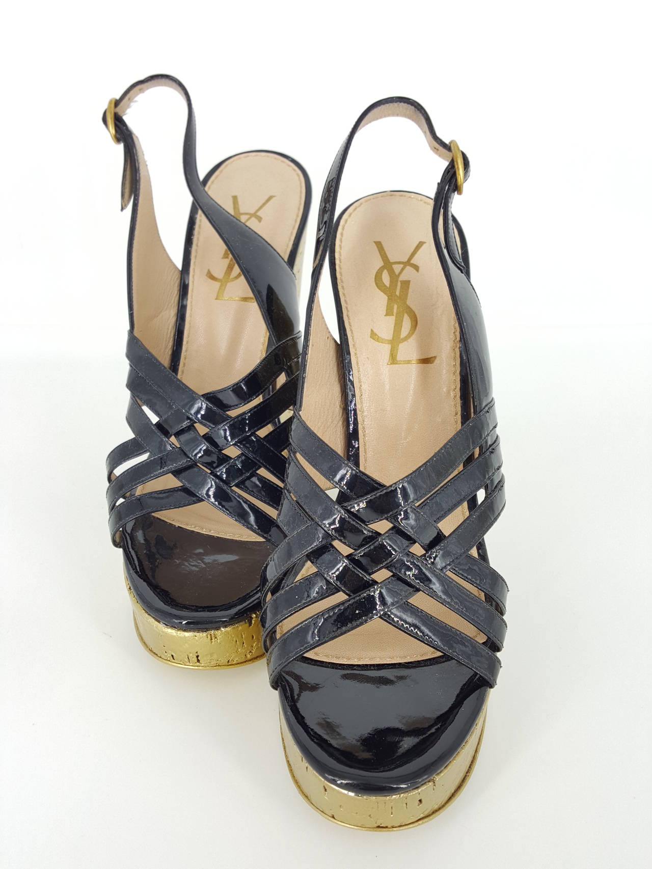 YSL Yves St. Laurent Idole Black Patent Leather Wedges With Gold Heels ...