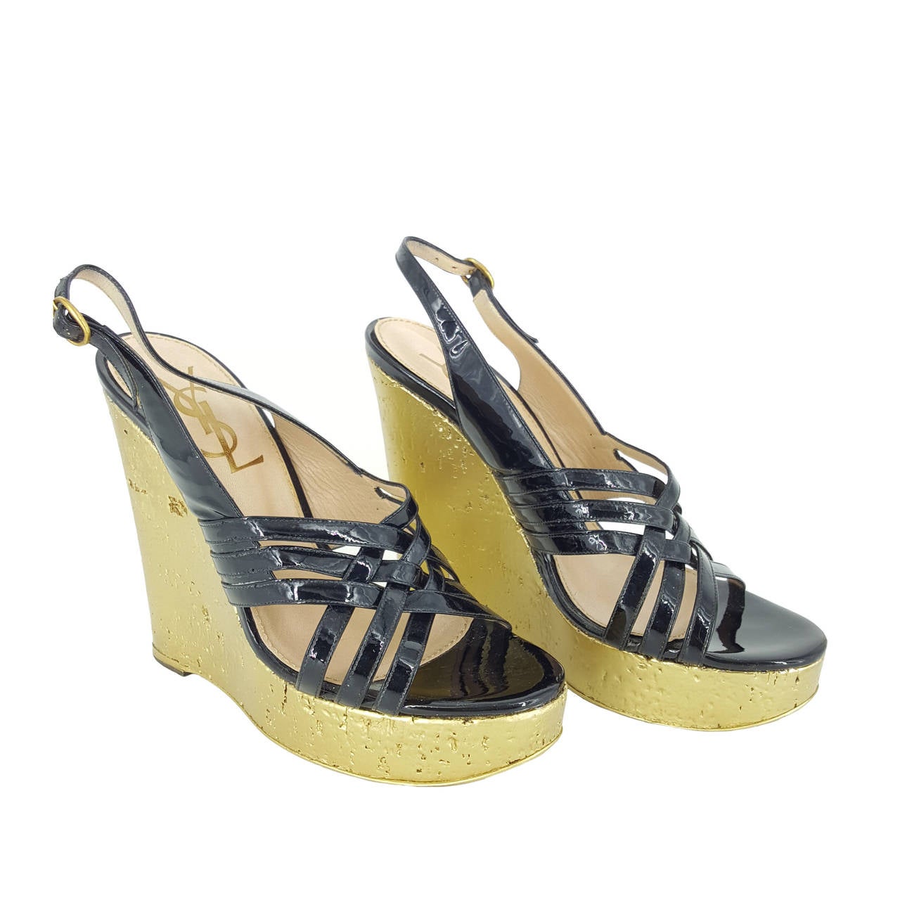 YSL Yves St. Laurent Idole Black Patent Leather Wedges With Gold Heels ...