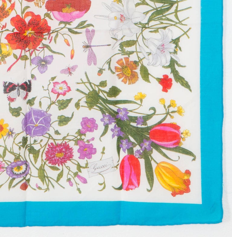 Gucci Flora Printed Cotton Scarf Turquoise Border at 1stDibs