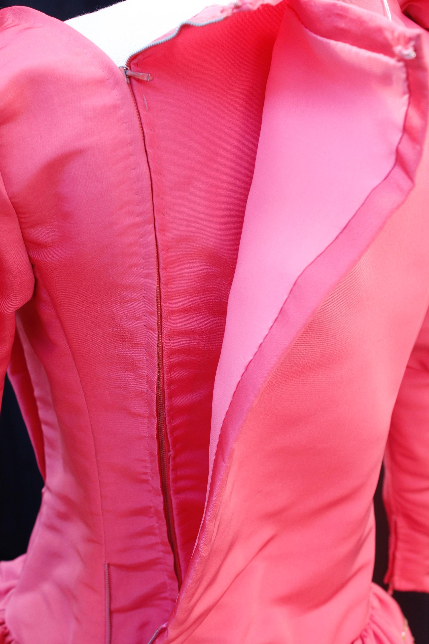 Nina Ricci pink silk opera dress with golden embroideries and bows ...