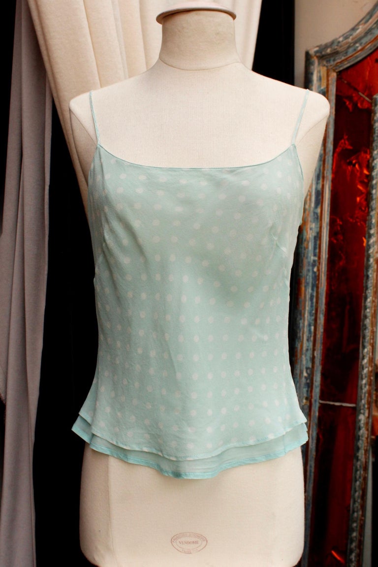 Moschino blue chiffon set with white polka dots For Sale at 1stDibs