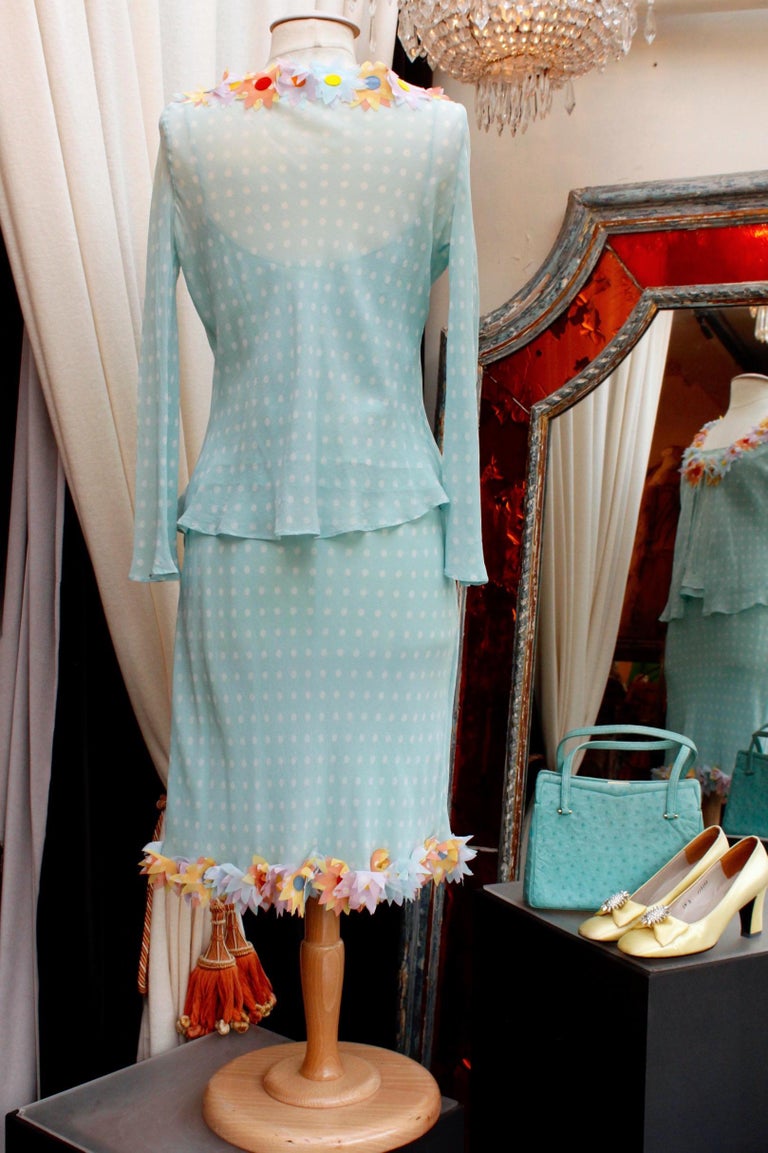 Moschino blue chiffon set with white polka dots For Sale at 1stDibs