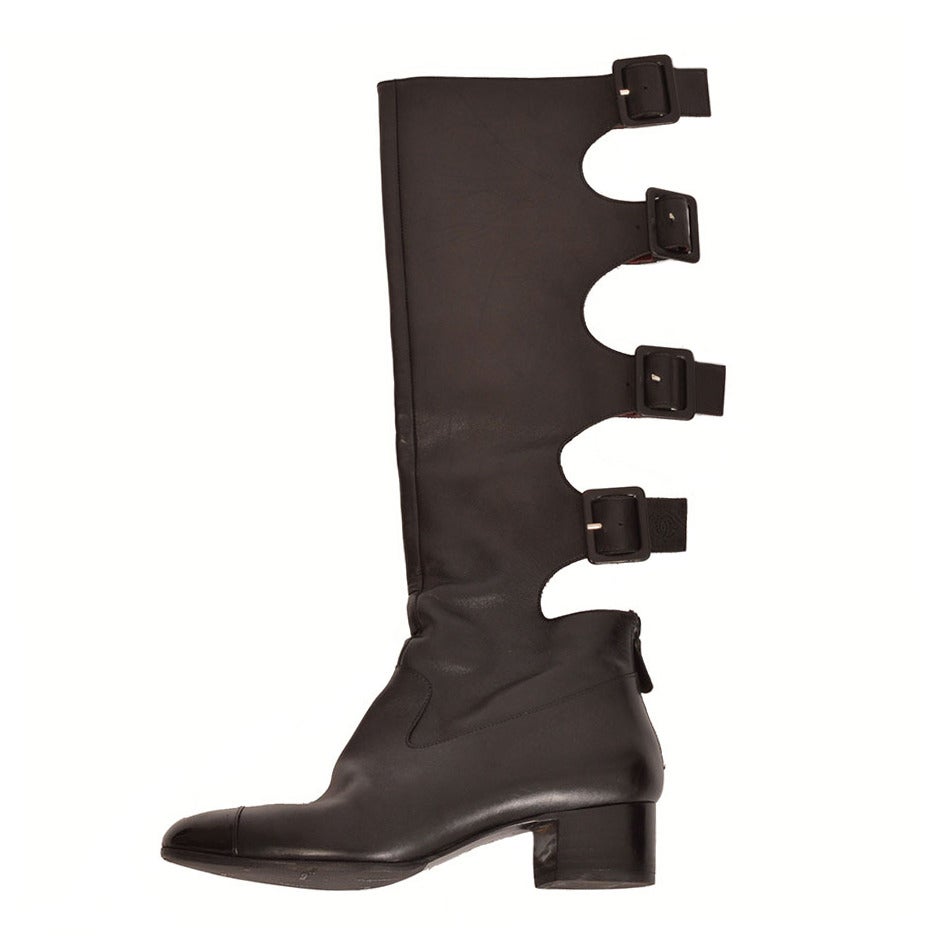 Chanel Leather Knee High Buckle Boots at 1stDibs