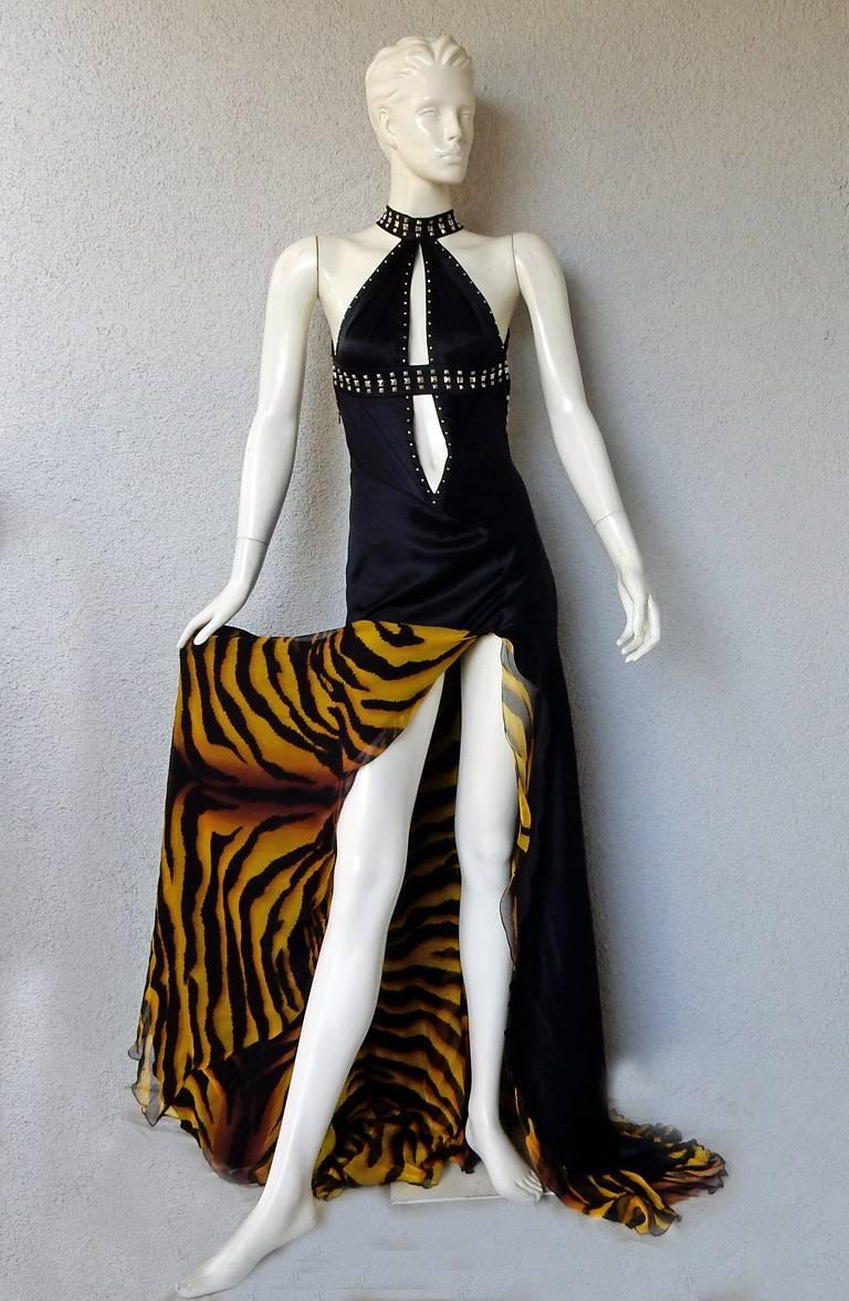Versace Bondage Dress Gown with Plunging Neckline and Thigh High Slit ...