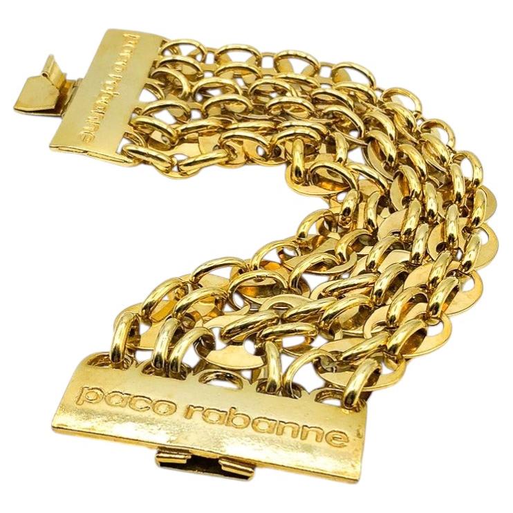 Vintage PACO RABANNE Statement Sculptural Gold Plated Chain Logo Cuff ...