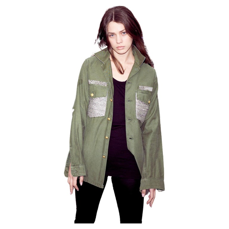 Vintage Military Jacket Green Sequin Tweed Small For Sale at 1stDibs