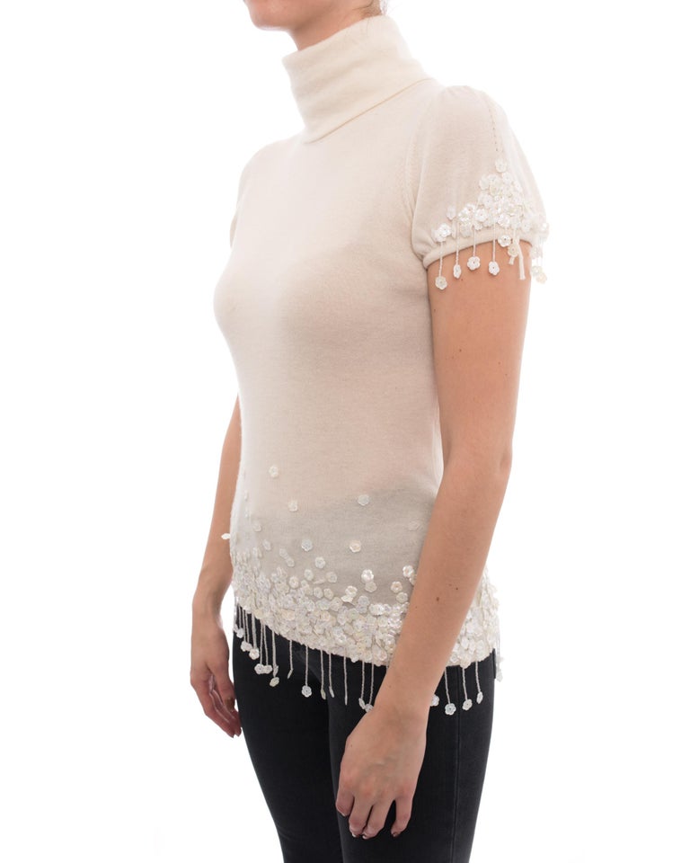 Chanel 04A Ivory Cashmere Knit Top with Sequin Bead Fringe - 6 at 1stDibs