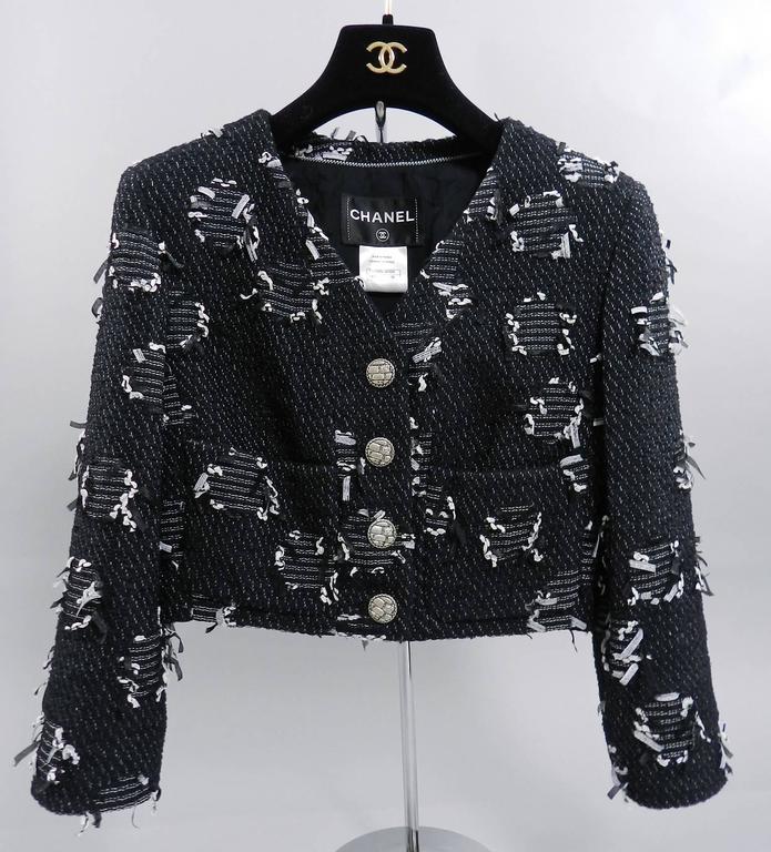 Chanel 15P Runway Black Crop Jacket with White Ribbon at 1stDibs
