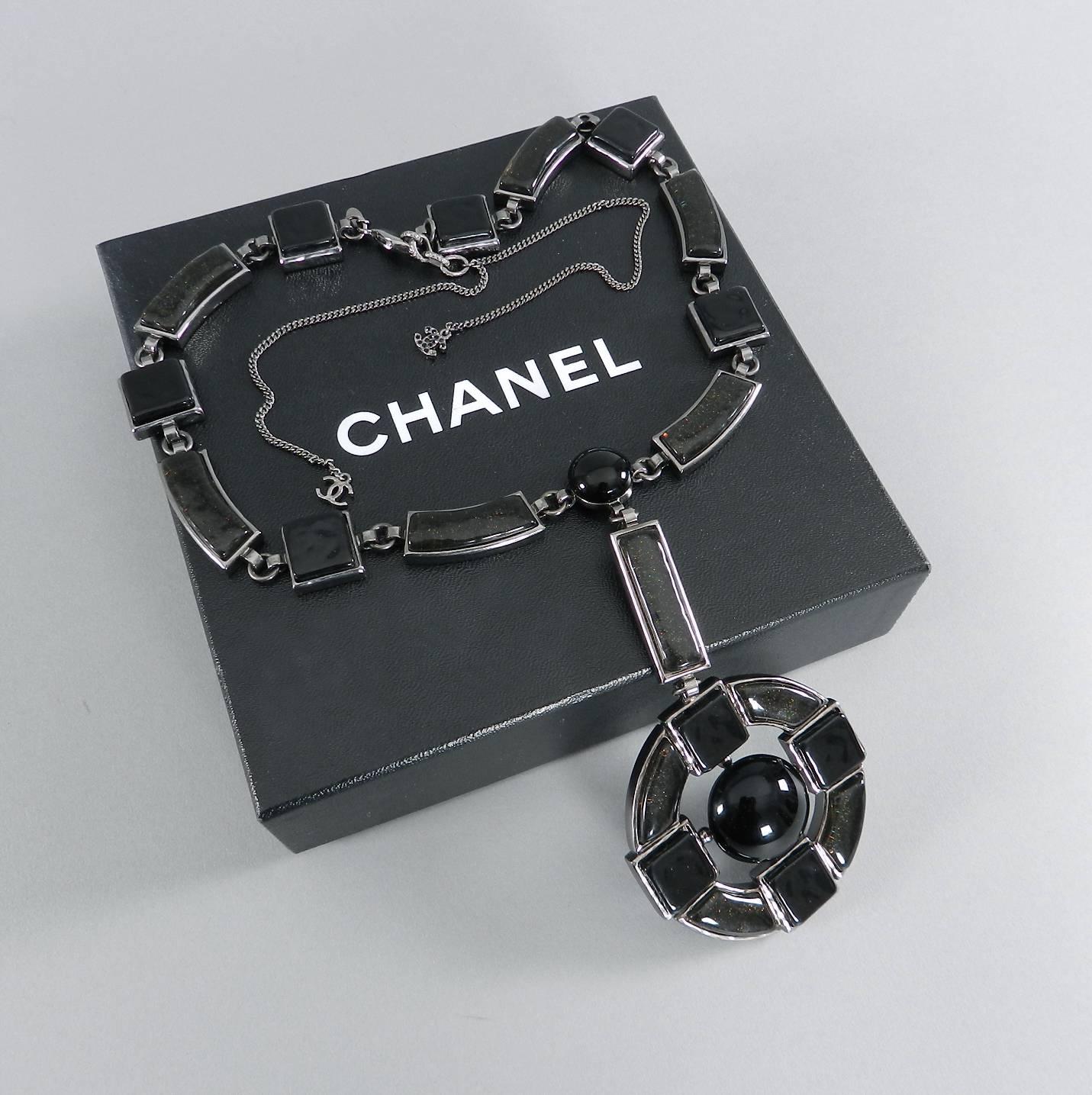CHANEL 09A Black Glass Gripoix Cross Statement Necklace in Box at 1stDibs